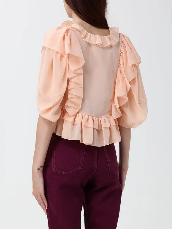 Chloé Embroidered Silk Cropped Blouse With Puff Sleeves And Ruffles