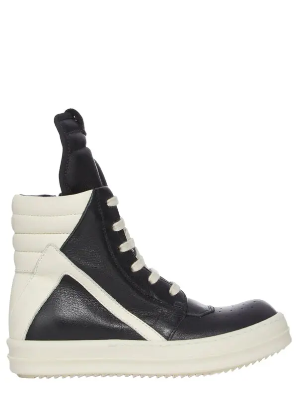 Rick Owens Geometric Panel Leather Sneakers With Extended Tongue And Inside-ankle Zip - Nero