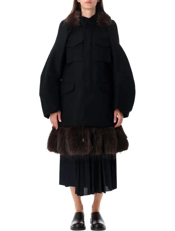 Sacai Wool Melton Sculptural Jacket With Faux-fur Trim & Removable Diamond-quilted Lining - Nero