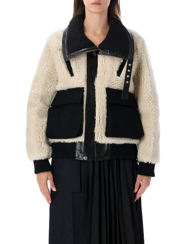 Sacai Two-tone Faux Shearling Bomber Blouson With Ribbed Oversized Collar