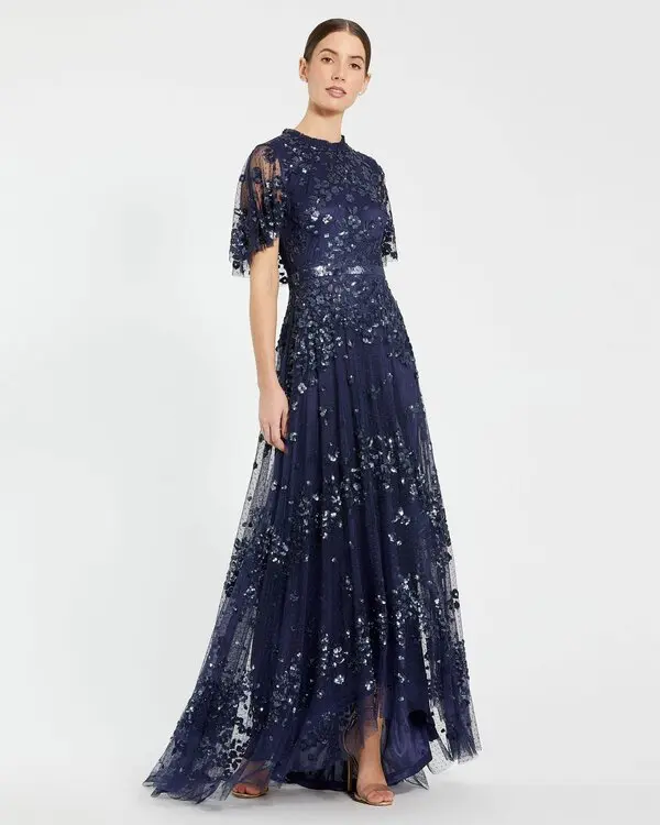 Mac Duggal Petite Midnight Sequined High Neck Flutter Sleeve A Line Gown