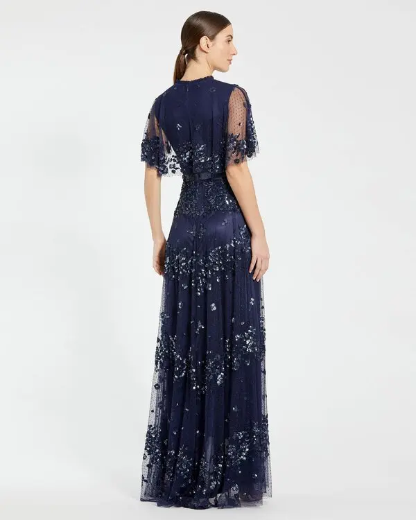 Mac Duggal Petite Midnight Sequined High Neck Flutter Sleeve A Line Gown