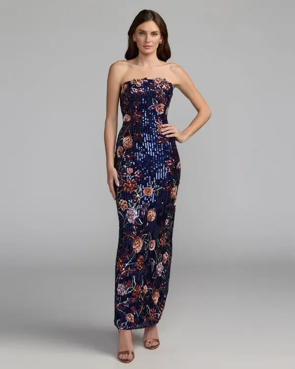 Mac Duggal Midnight Multi Floral Embellished Strapless Column Dress