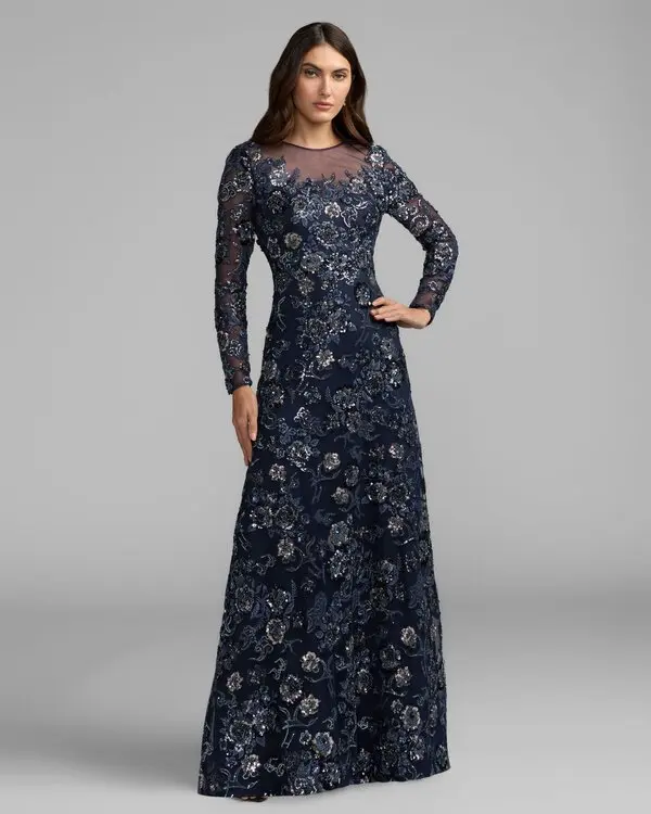Mac Duggal Embellished Floral Long Sleeve A-line Gown