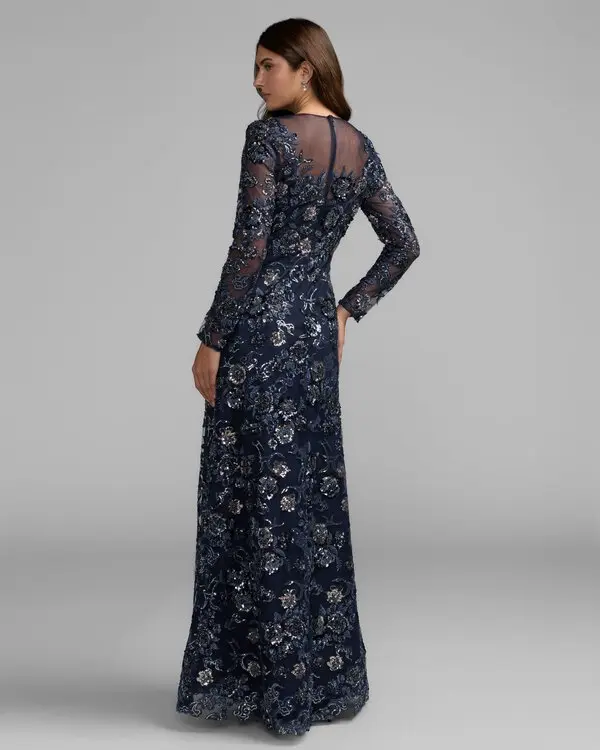 Mac Duggal Embellished Floral Long Sleeve A-line Gown