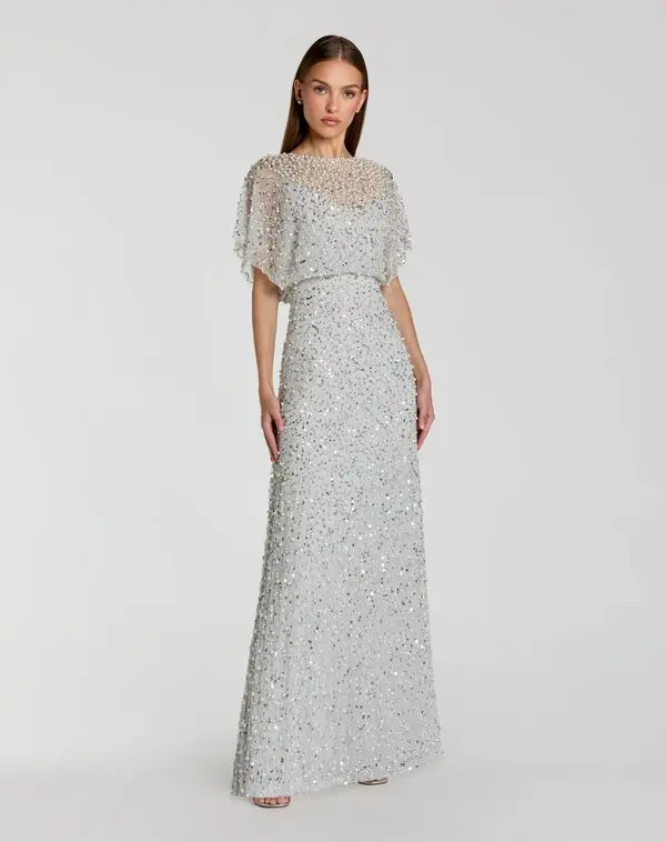 Mac Duggal Petite Powder High Neck Short Sleeve Embellished Gown
