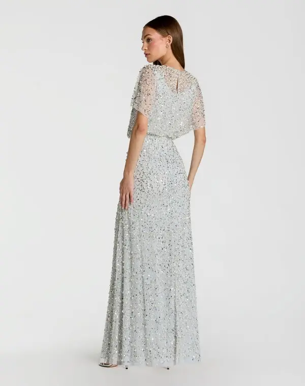 Mac Duggal Petite Powder High Neck Short Sleeve Embellished Gown