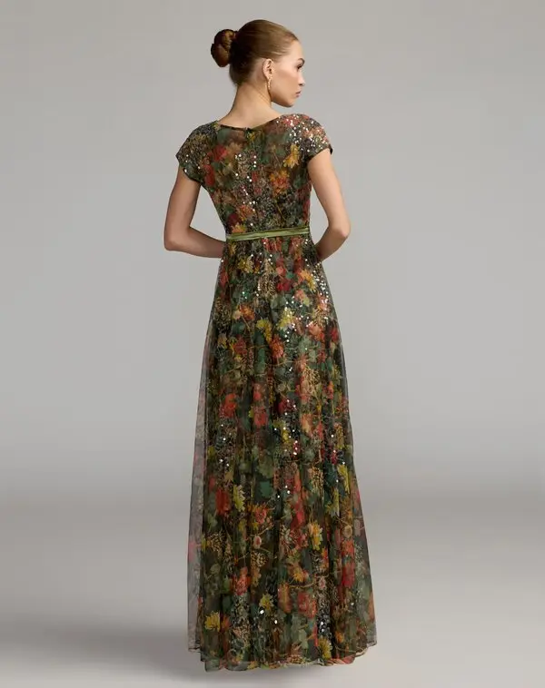 Mac Duggal Floral Cap Sleeve A-line Gown - Multicolor