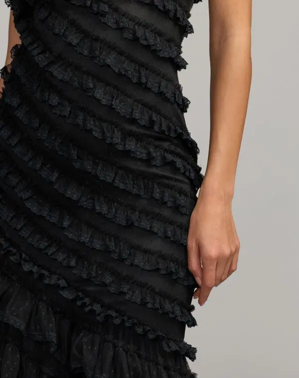 Mac Duggal Sleeveless One Shoulder Lace Trim Ruffle Gown