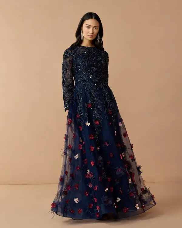 MAC DUGGAL COLLECTION Beaded Floral A Line Gown With Feathers