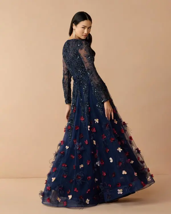 MAC DUGGAL COLLECTION Beaded Floral A Line Gown With Feathers