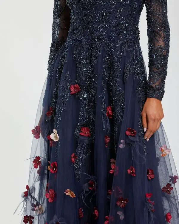 MAC DUGGAL COLLECTION Beaded Floral A Line Gown With Feathers