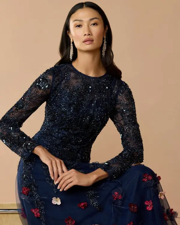 MAC DUGGAL COLLECTION Beaded Floral A Line Gown With Feathers