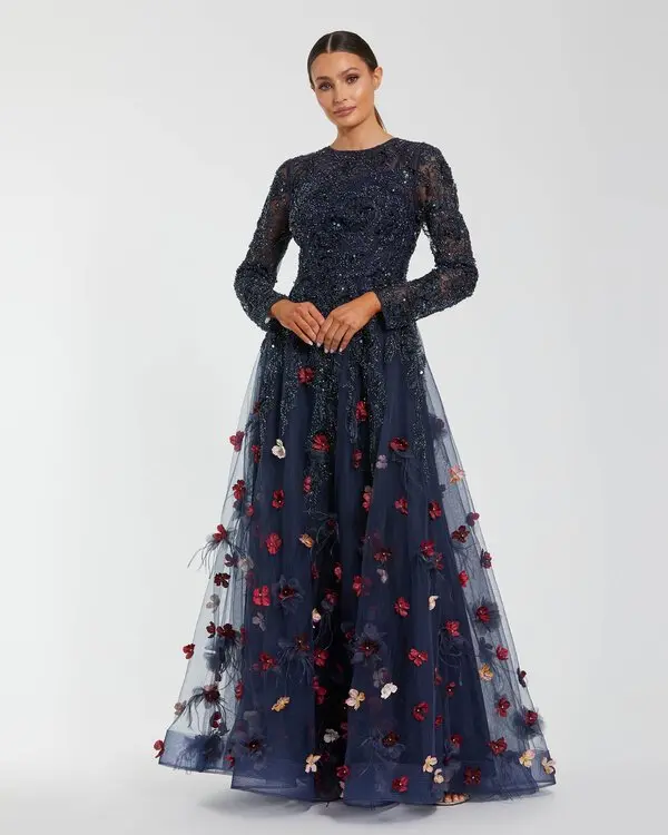 MAC DUGGAL COLLECTION Beaded Floral A Line Gown With Feathers