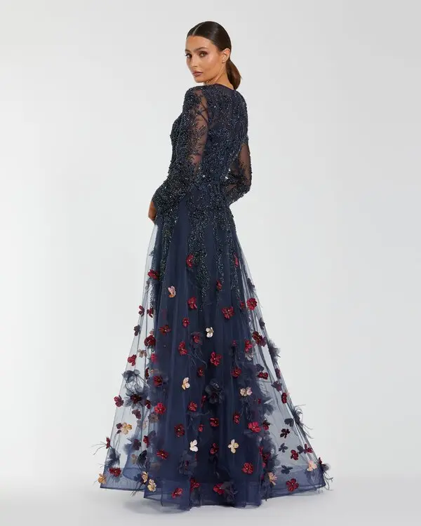 MAC DUGGAL COLLECTION Beaded Floral A Line Gown With Feathers
