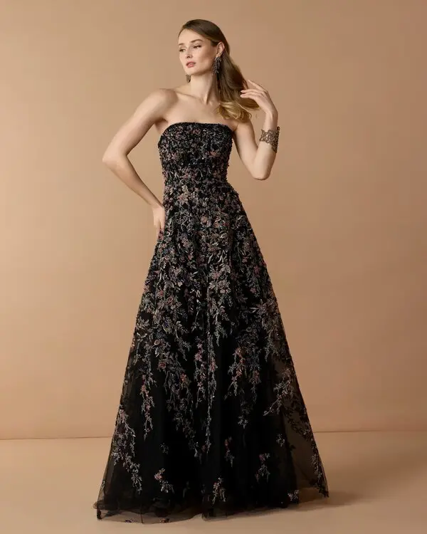 MAC DUGGAL COLLECTION Strapless Floral Embroidered A-line Gown
