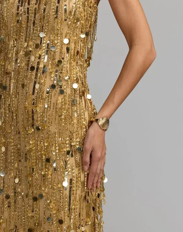 Mac Duggal Embellished Fringe Sleeveless Column Gown
