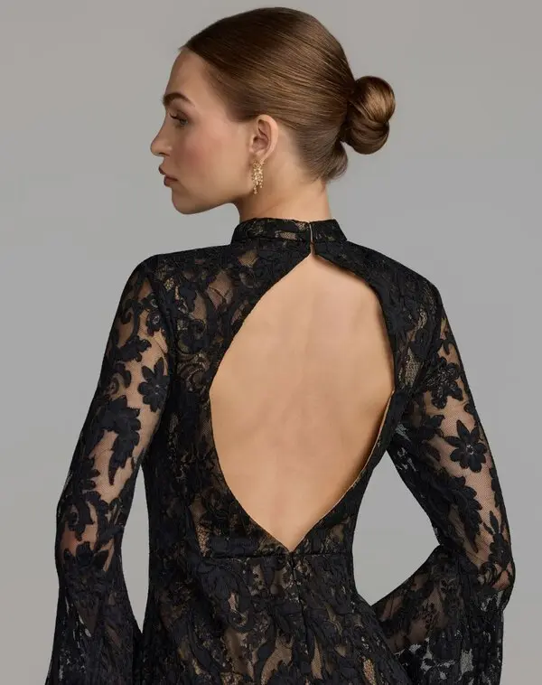 Mac Duggal Petite Nude Mock Neck Long Sleeve Lace Gown