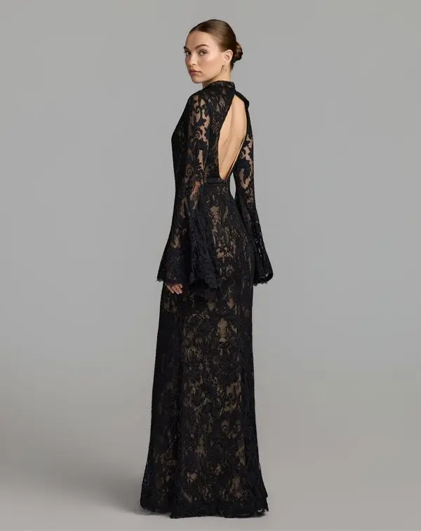 Mac Duggal Petite Nude Mock Neck Long Sleeve Lace Gown