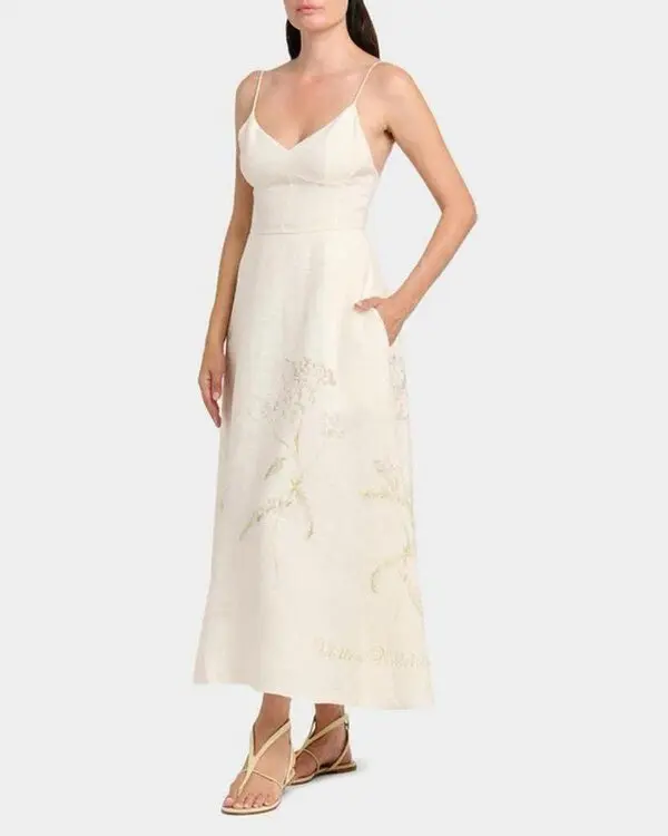 Alberta Ferretti Floral-print Sleeveless Linen Midi Summer Dress