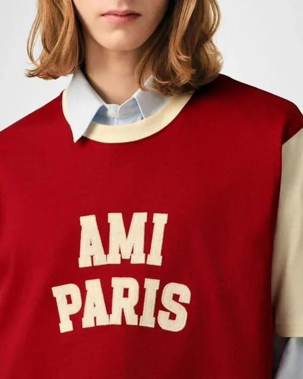 AMI Paris Apos;s Color-block Chenille Logo Crewneck T-shirt - Vert Boute
