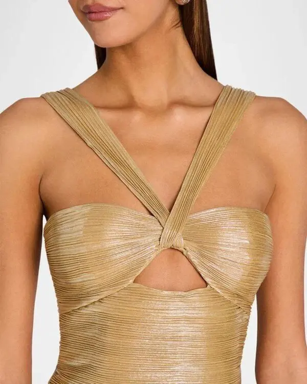Retrofete Solace Metallic Pleated Halter Maxi Dress - Prosecco
