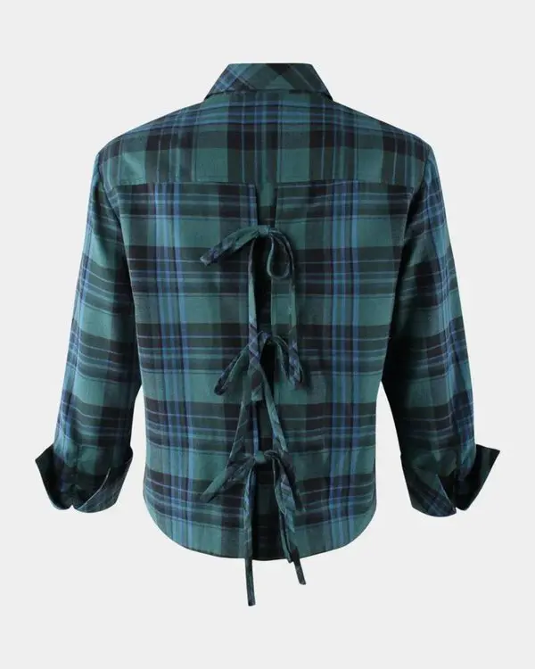 Finley Eugenie Tie-back Cotton Plaid Shirt - Teal/blue/