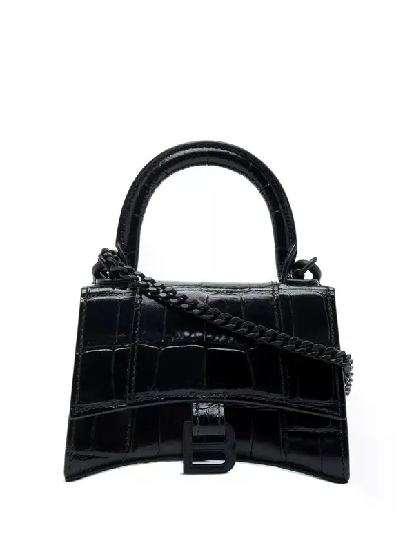 Balenciaga 2021 Mini Croc Embossed Calfskin Hourglass Top Handle Bag Satchel - Black