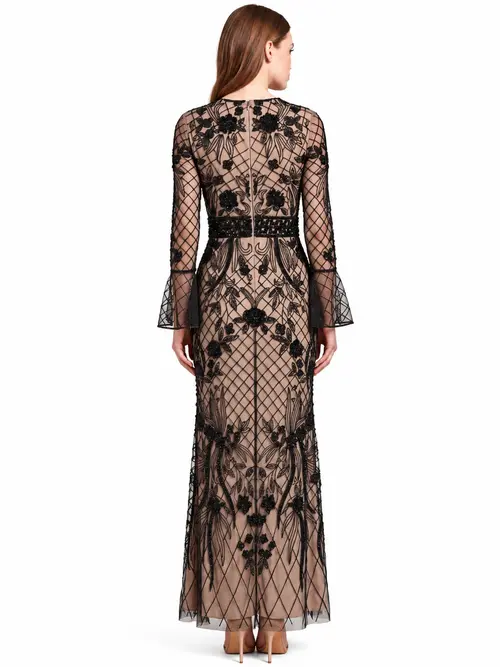 LARA NEW YORK Bell Sleeve Beaded Gown