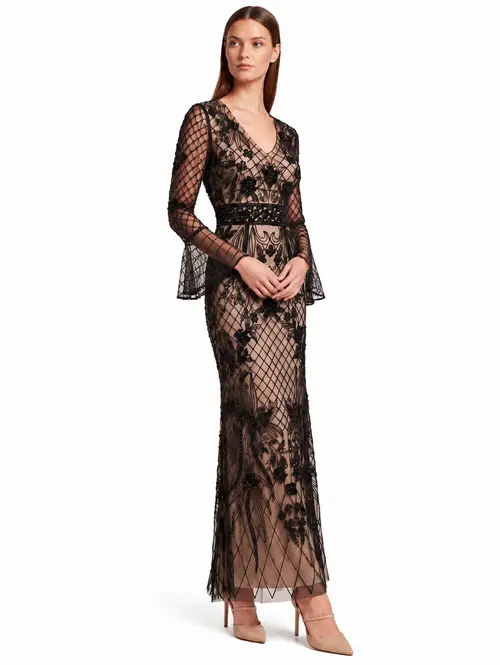 LARA NEW YORK Bell Sleeve Beaded Gown