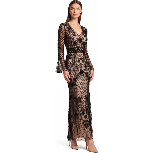 LARA NEW YORK Bell Sleeve Beaded Gown - Black/nude