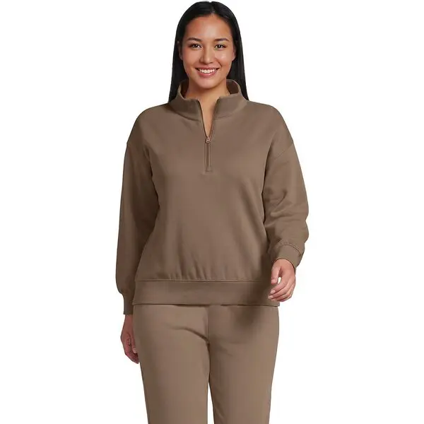 LANDS' END Serious Sweats Relaxed Quarter Zip Pullover Sweatshirt - Cocoa