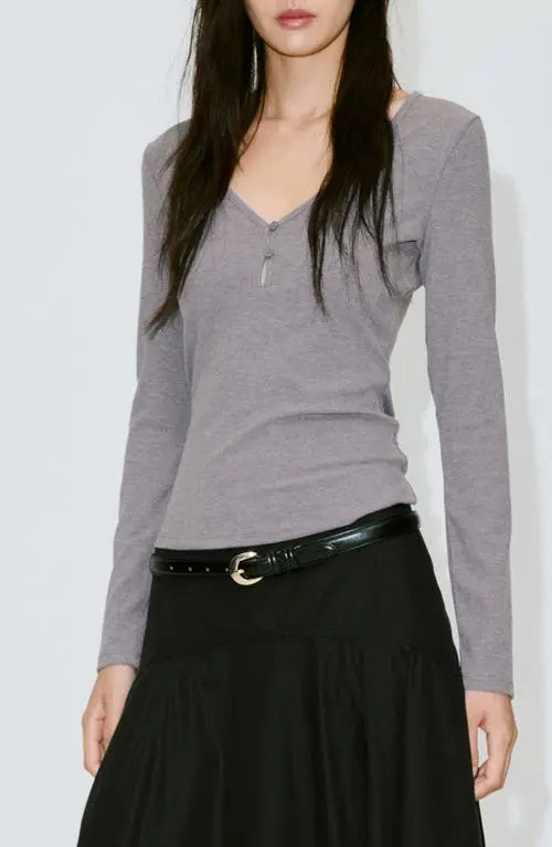 Mango V-neck Rib Long Sleeve Top