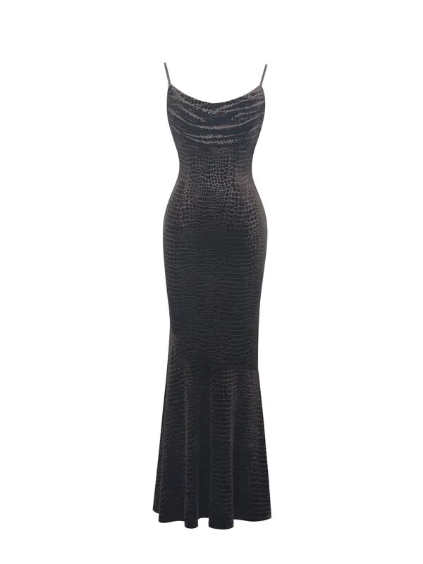 MISS CIRCLE NEW YORK Veronique Croc-embossed Velvet Cowl Neck Mermaid Maxi Dress - Brown