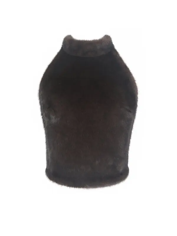 MISS CIRCLE NEW YORK Xeriah Espresso Faux Mink Fur Backless Halter Top - Brown