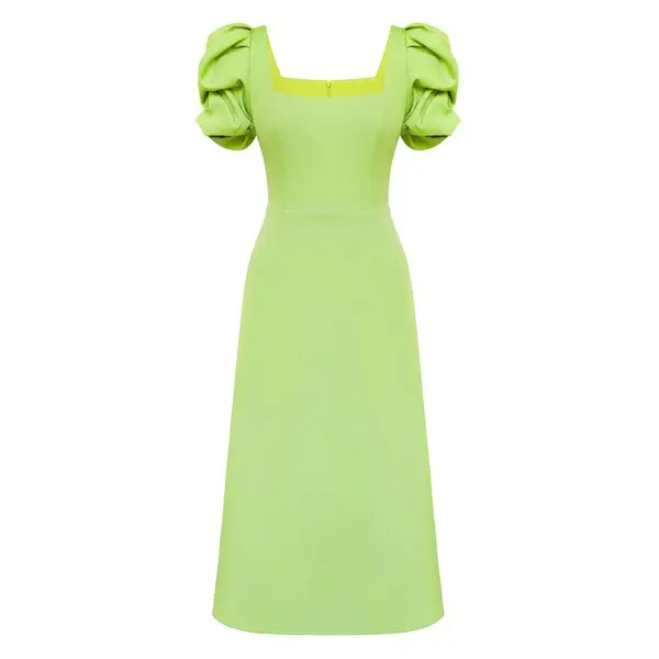 POST MERIDIEM Lime Godet Silhouette Square Neck Midi Dress