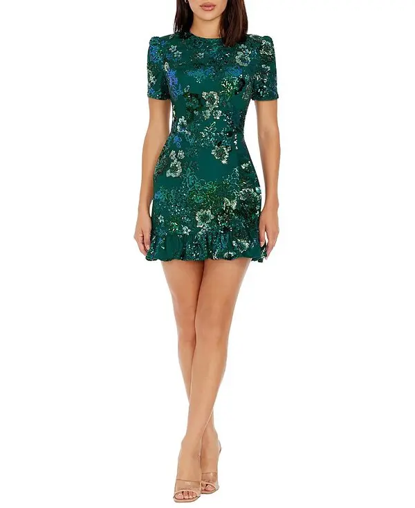Dress The Population Brittany Floral Sequin Mini Dress - Deep Emerald Multi