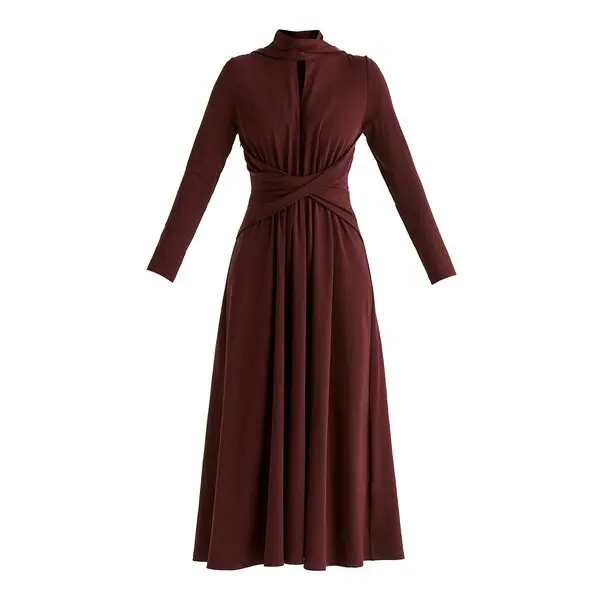 PAISIE Lyocell Jersey Midi Dress With Cross Front Waist And Convertible Scarf In Wine - Red