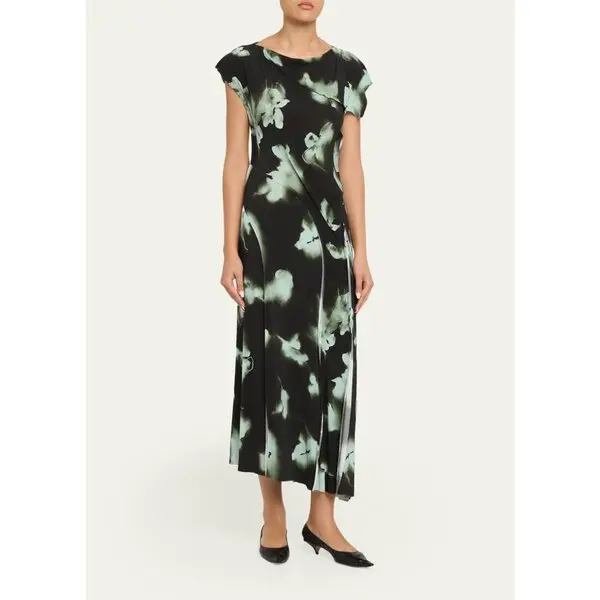 JASON WU Blurred Floral Asymmetric Paneled Midi Dress