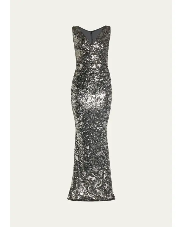 Talbot Runhof Sequined V-neck Sleeveless Mermaid Gown - Bronze
