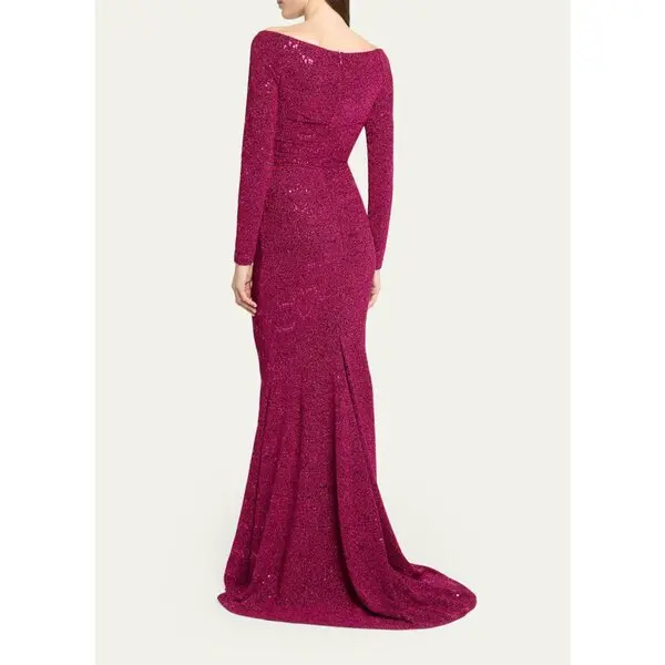 Talbot Runhof Sequined Off-shoulder Long-sleeve Gown