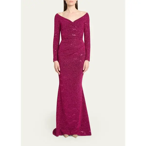 Talbot Runhof Sequined Off-shoulder Long-sleeve Gown