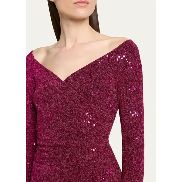 Talbot Runhof Sequined Off-shoulder Long-sleeve Gown
