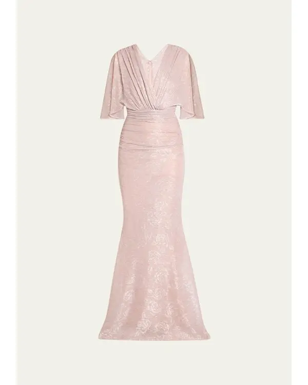 Talbot Runhof Floral Metallic Draped V-neck Gown