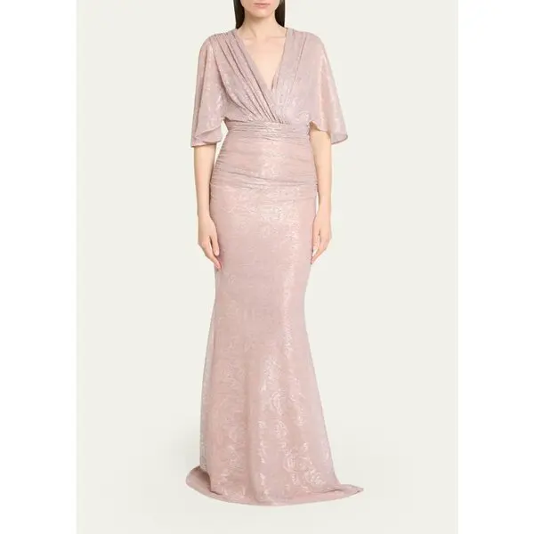Talbot Runhof Floral Metallic Draped V-neck Gown