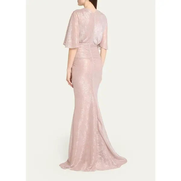 Talbot Runhof Floral Metallic Draped V-neck Gown