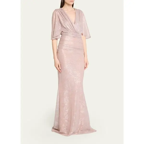 Talbot Runhof Floral Metallic Draped V-neck Gown