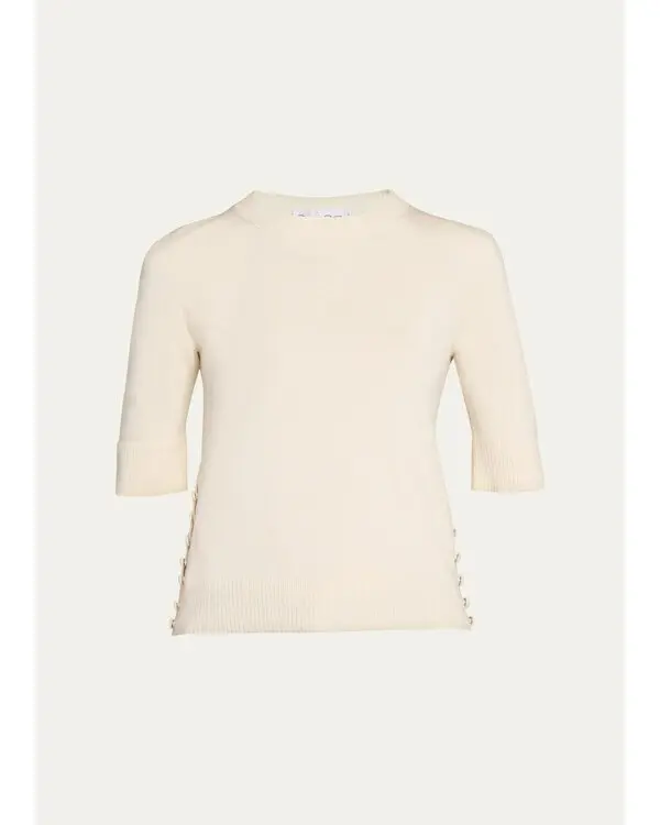 Oscar De La Renta Short-sleeve Button-side Crewneck Sweater - Ivory