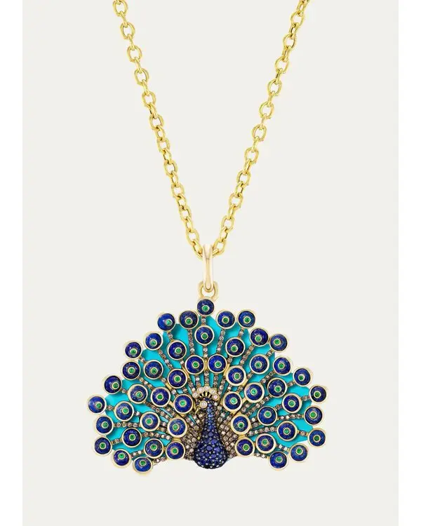 GRACE WINFREY 18k Yellow Gold King Peacock Pendant Necklace With Diamonds And Multi-stones - Lapis/em