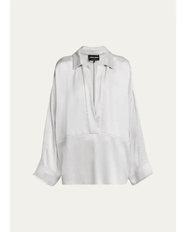 Giorgio Armani Hammered Satin Plunging Collared Shirt